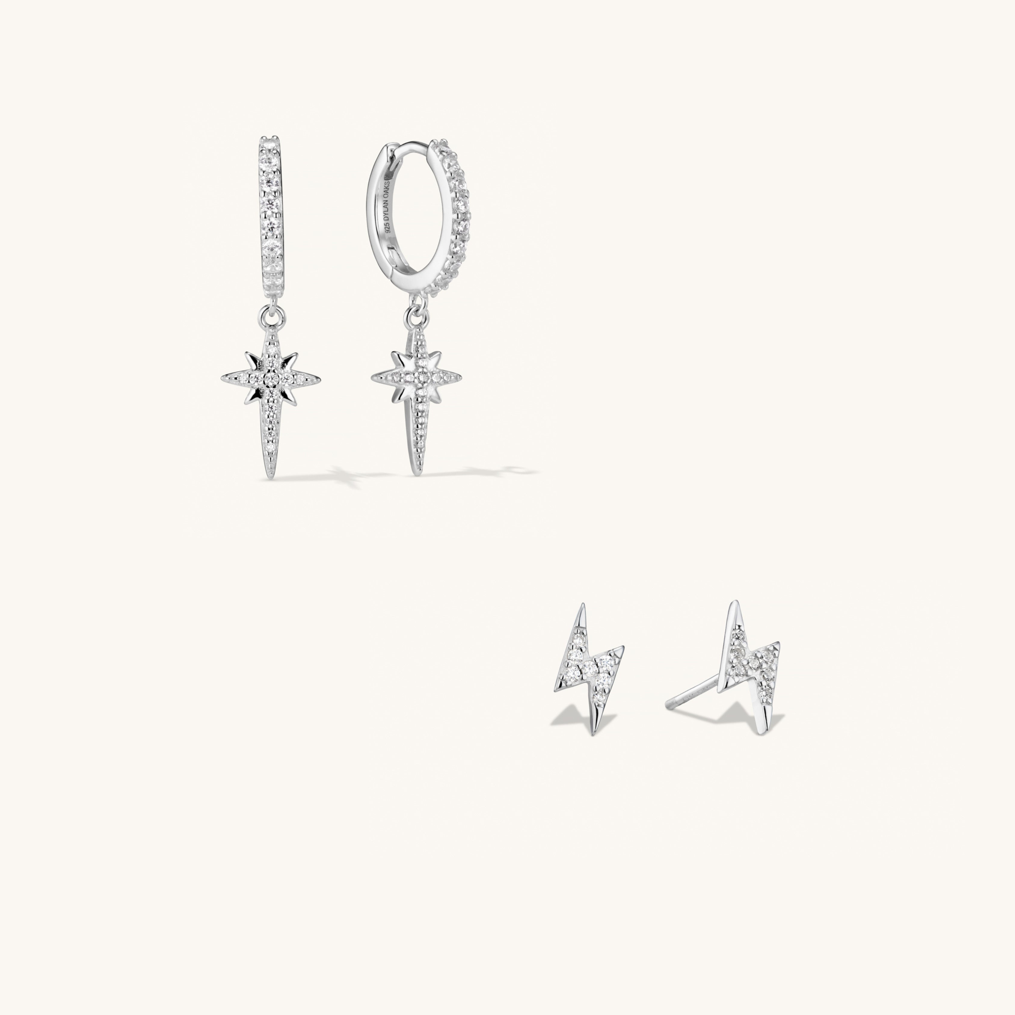 The North Star Earring & Lightning Bolt Stacking Set in Silver – Dylan Oaks UK